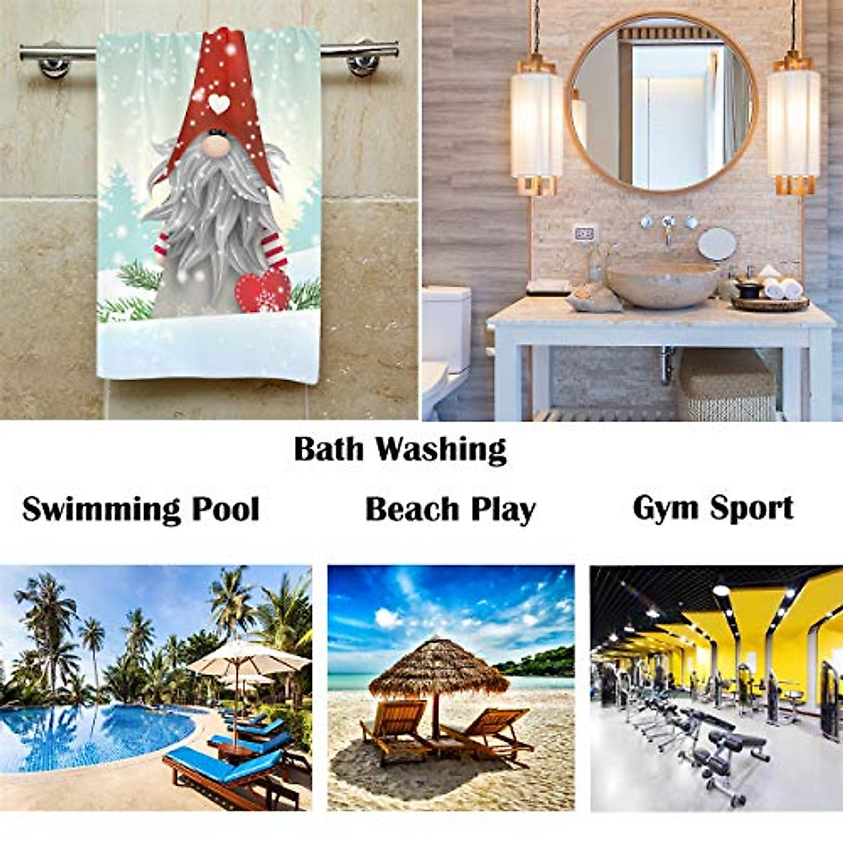 Christmas Gnome Tomte Hand Towels 16x30 in Bathroom Towel, Winter Elves with Red Hearts Snowflake Soft Absorbent Small Bath Towel Merry Christmas X-mas Bathroom Decor Gifts