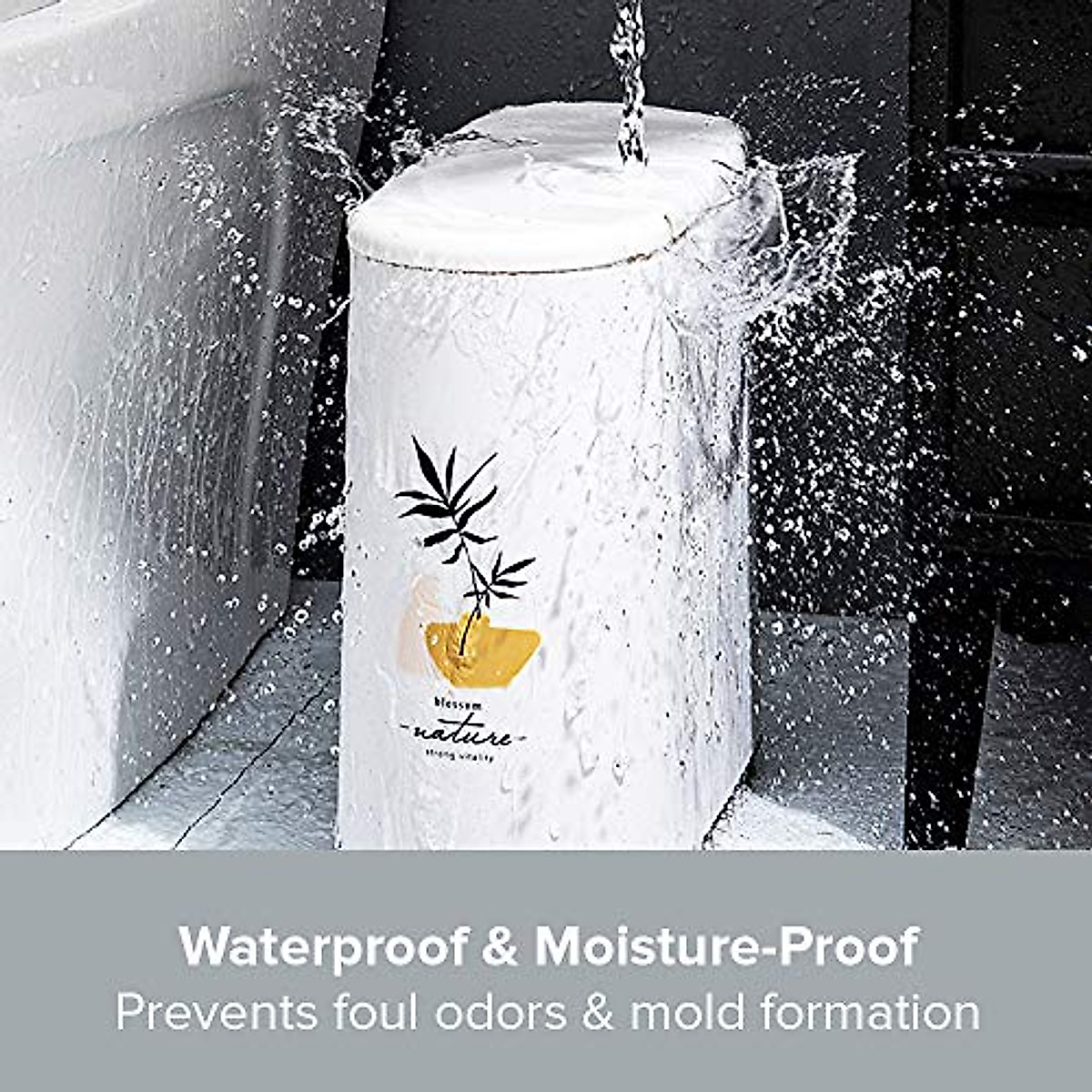 3.2Gal/12.1L Oval Slim Trash Can - Nordic Style Garbage Can with Lid - White Plastic Trash Can w/ Press Top Wood Grain Lid - Space Saving Kitchen Trash Can w/ Double Barrel Removable Plastic Bin Liner