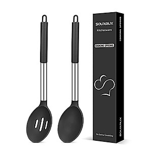 2 Pcs Silicone Cooking Spoons, Solid and Slotted Spoon Set, Non-Stick BPA Free Heat-Resistant Basting Kitchenware for Soup, Serving, Draining, Stirring（Black）