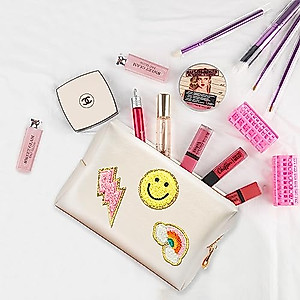 LieToi Preppy Patch Cosmetic Toiletry Bag, PU Leather Portable Waterproof Makeup Bag Smile Lightning Rainbow Organizer Compliant Bag Daily Travel Use Storage Purse for Women Girls (Large, Shell White)