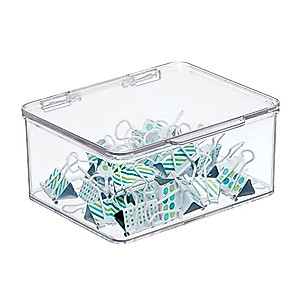 mDesign Small Plastic Home Office Storage Organizer Box Containers with Hinged Lid for Desktops - Holds Pens, Pencils, Sticky Notes, Highlighters, Staples, and Supplies - Clear