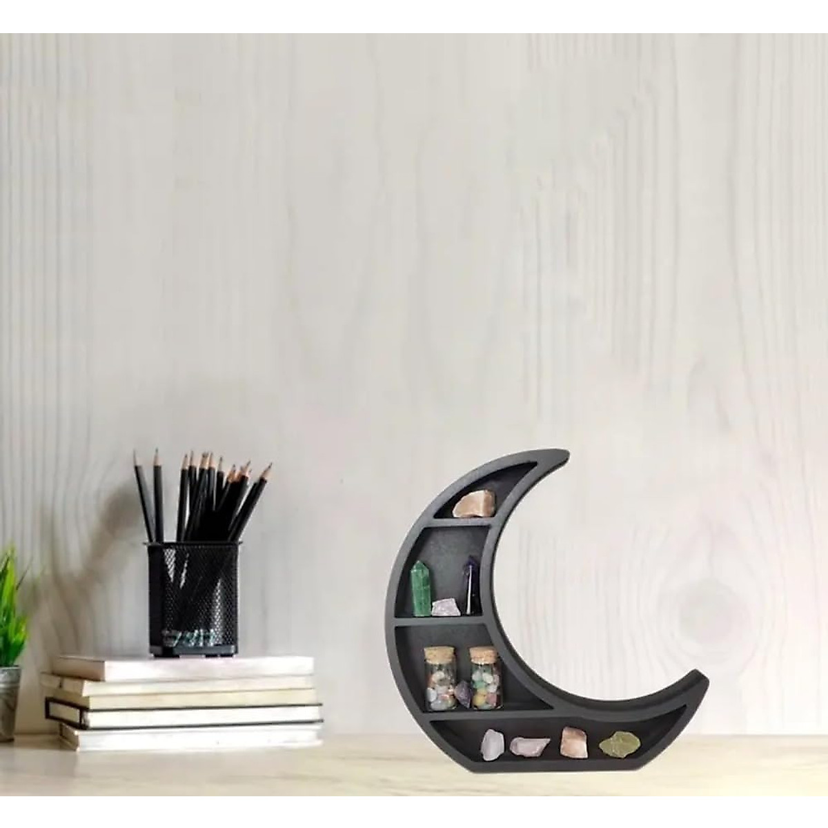 Aesthetic Moon Shaped Decorative Desk Shelf, Black Accent Shelf Cystals