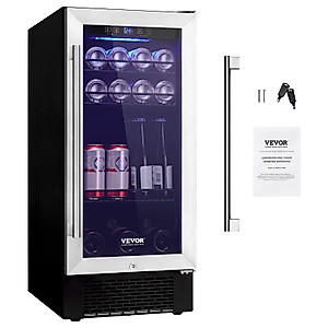 VEVOR 15” Beverage Refrigerator, 96 Cans Under Counter Built-in or Freestanding Beer Fridge, Blue LED Light, Adjustable Shelves, Child Lock, ETL