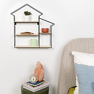 Greenco Shelf, Natural Geometric House Shaped 3 Tier Mounted Floating Shelves, Home Decor, Metal Wire and Rustic Wood Wall Storage Shelves for Bedroom, Living Room, Bathroom, Kitchen and Office