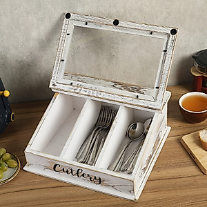 MyGift 3-Compartment Whitewashed Solid Wood Cutlery Tray Box Organizer with Clear Acrylic Hinged Lid & Black Cursive"CUTLERY" Label, Dining Utensil Holder