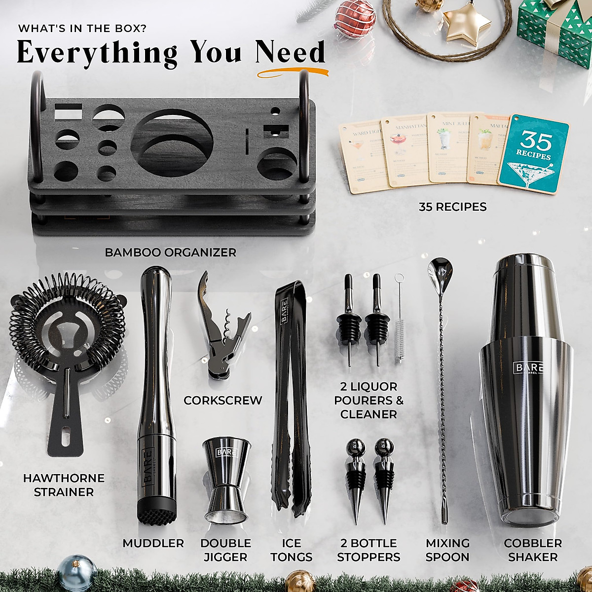 BARE BARREL® Mixology Bartender Kit Bar Set | 14-Piece Cocktail Shaker Set | Martini Barware Mixing Tools for Home Bartending | 35 Recipe Cards | Gift Set (28oz Boston Shaker, Jet Black/Black)