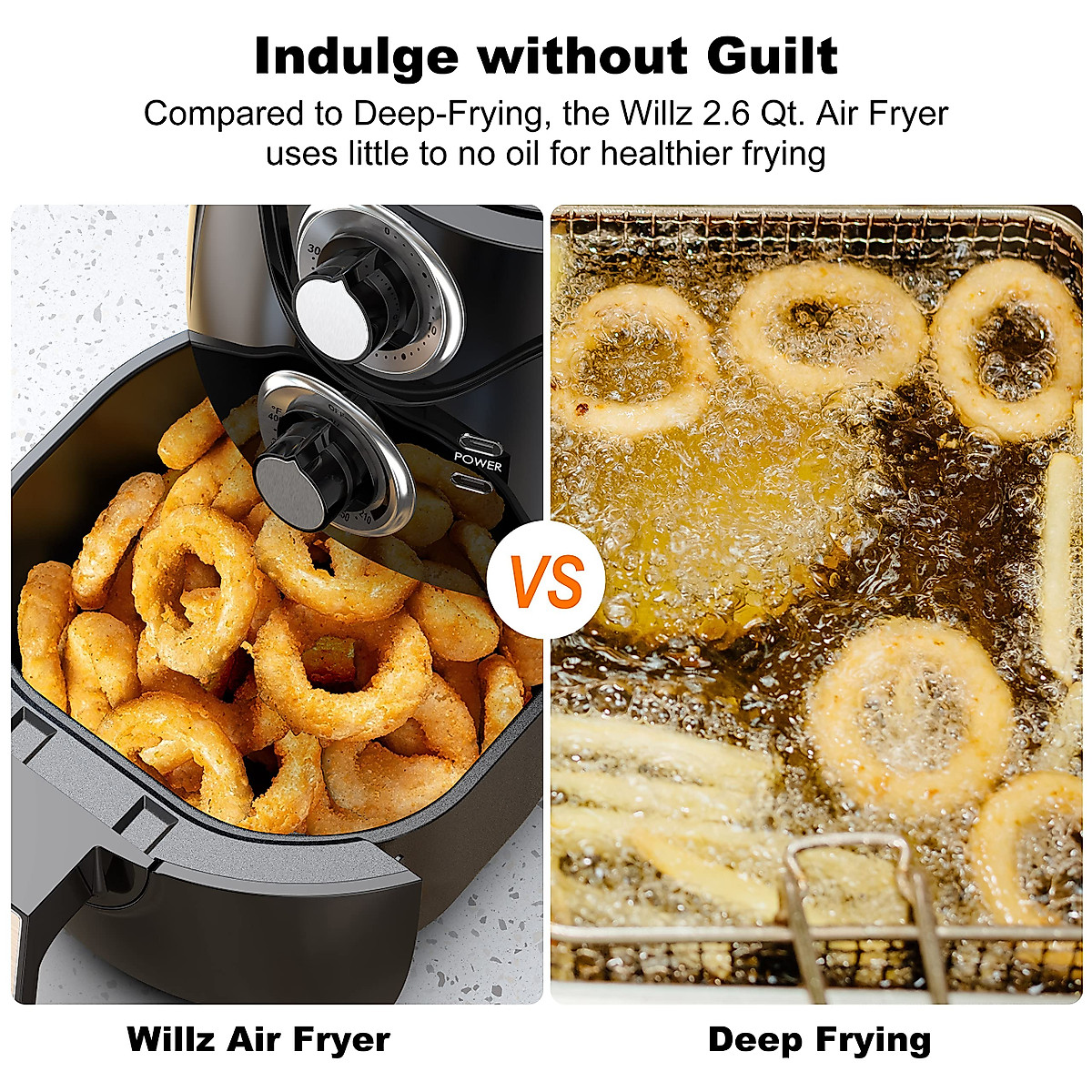 Willz Small Compact Electric Air Fryer Oil Free Quick Cook with Time & Temperature Control & Auto Shut Off Feature, Non-Stick Air Fry Basket, 2.6 Quart, 1200W, Black