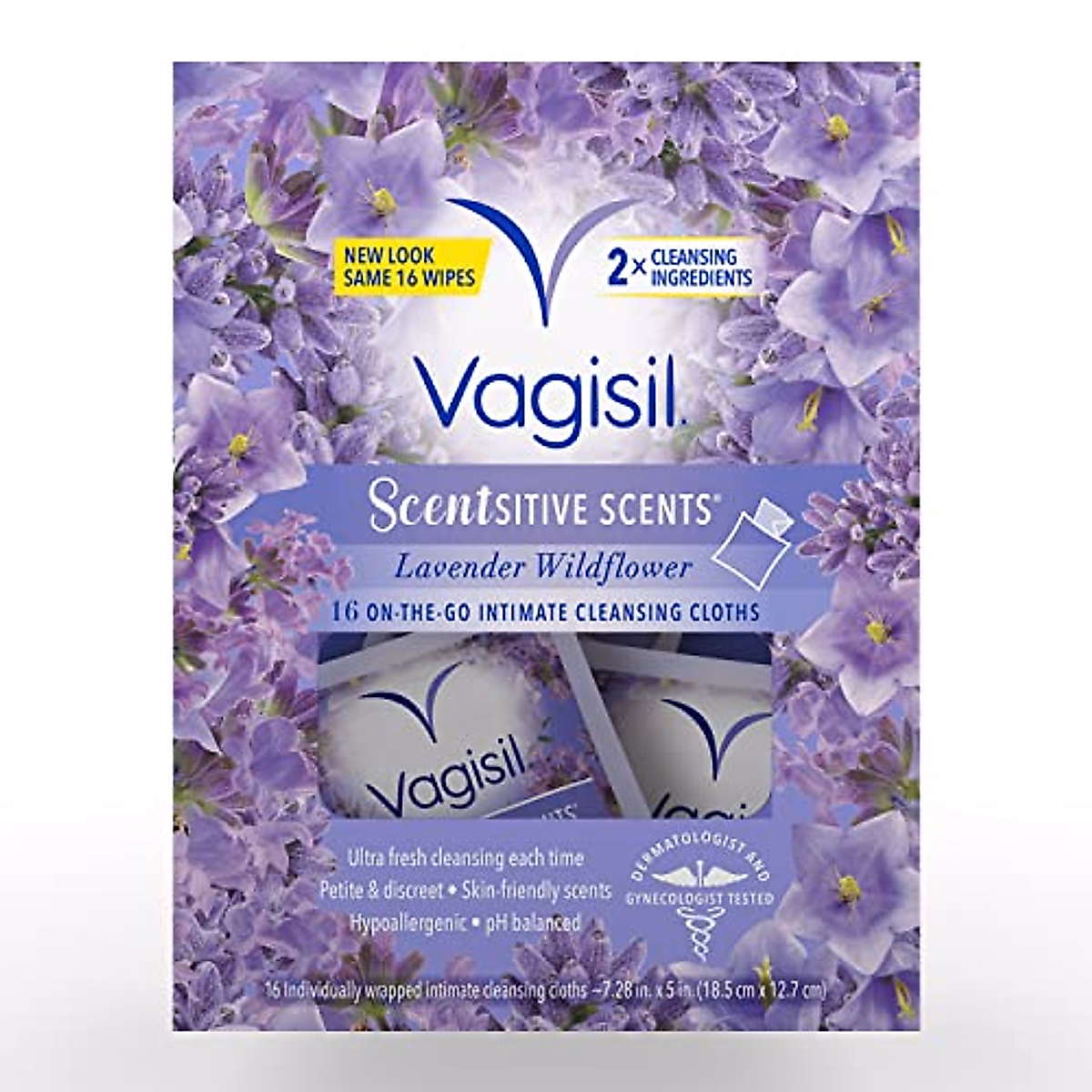Vagisil Scentsitive Scents On-The-Go Feminine Cleansing Wipes, pH Balanced, Lavender Wildflower, Individually Wrapped, 16 Count (Pack of 1)
