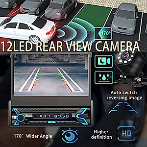 Single Din Car Stereo Compatible with Apple Carplay & Android Auto, 7 Inch Flip Out Touchscreen Car Radio Foldable Car Audio Receivers with Bluetooth/Mirror Link/Camera/FM/SWC/USB/AUX/TF/Subwoofer