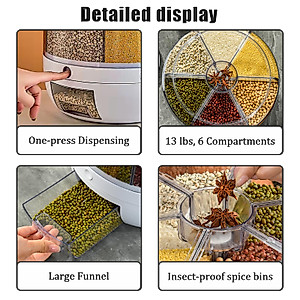 Rotating Grain Dry Food Dispenser Countertop - 6 Grids Cereal Tank for Lentils, Rice, Beans - Transparent Kitchen Pantry Storage Container, 360° Rotatable Design, Max 22 lbs Capacity, White - PET+PP
