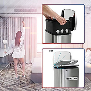 Kitchen Trash Can with Lid for Office Bedroom Bathroom Step Trash Bin Fingerprint-Proof Garbage Bin Brushed Stainless Steel 13 Gallon / 50 Liter