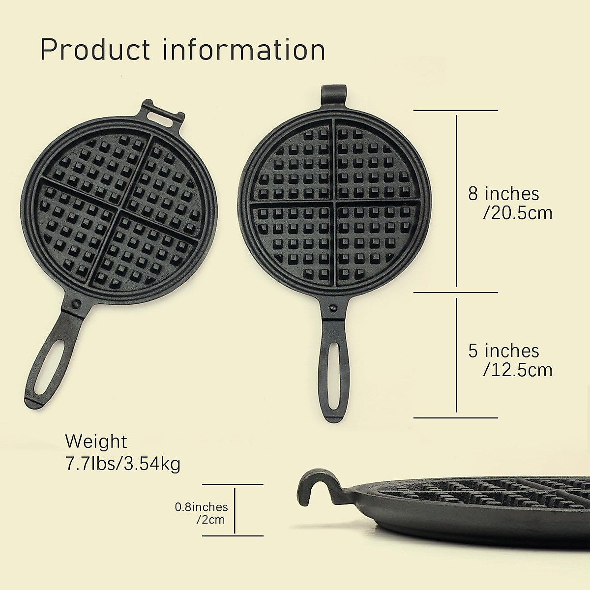 Professional 8-inch Cast Iron Waffle Maker Stove Top | Thickened Body, Quick Heating, Non-Coated Surface | Rustic Round Cast Iron Waffle Iron