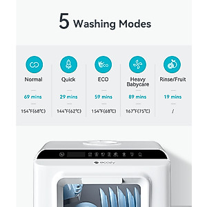 ecozy Portable Dishwasher Countertop, Mini dishwasher with a Built-in 5L Water Tank, No Hookup Needed, 6 Programs, Extra Dry Function for Apartments, Camping and RV, White