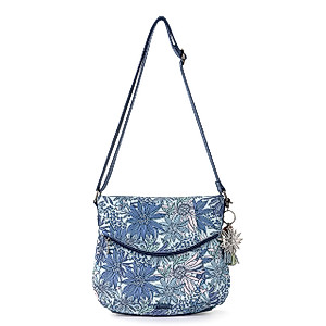 Sakroots Foldover Crossbody Bag in Eco-Twill with Adjustable Strap, Denim Flower Garden