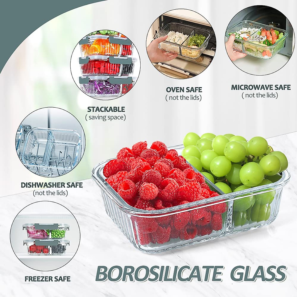 KOMUEE Glass Meal Prep Containers 2 Compartments, 5 Packs 36 oz, Airtight Glass Lunch Bento Box with Lids, Glass Food Storage Containers, BPA Free, Microwave, Freezer and Dishwasher Friendly