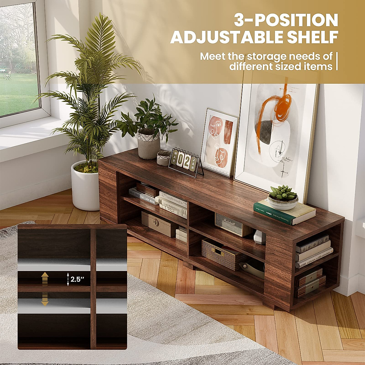 Tangkula Wood TV Stand for TVs up to 65 Inch Flat Screen, Modern Entertainment Center with 8 Open Shelves, Universal TV Storage Cabinet for Living Room Bedroom, TV Console Table (Walnut)