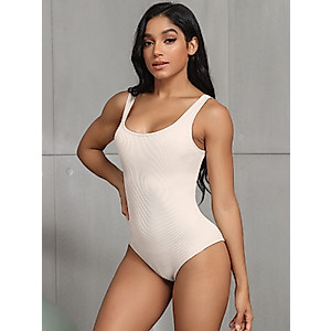 AUTOMET Women's Blackbeigebrown Sleeveless Square Neck Nylon,Spandex Medium Leotard