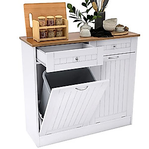 Double Kitchen Trash Cabinet, Dual Tilt Out Trash Cabinet with Two Wood Hideaway Trash Holder Drawers, Free Standing Wooden Kitchen Trash Can Recycling Cabinet Trash Can Holder