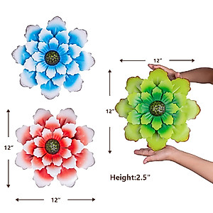 TIANCENTRAL H Rustic Metal Flower Farmhouse Home Decor Durable Wall Art Hanging Flowers for Living room Bedroom Bathroom Decor Indoor Outdoor Garden Decor Flowers Green/Rust Red/Blue Pack 3 by 12.5"