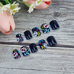 Halloween Press on Nails Short Day of the Dead Fake Nails for Women for Nail Art Supplies Acrylic Nail Design False Nails Cosplay Nail Supplies Nail Accessories Nail Decorations 24Pcs