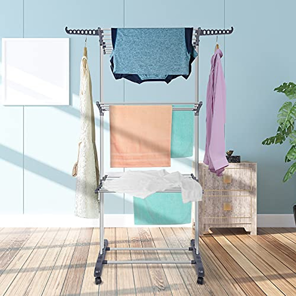 Kentaly Clothes Drying Rack, Large 3-Tier Rolling Folding Dryer Hanger Storage Collapsible Garment Rack Standing Rack with Foldable Wings and Casters for Indoor Outdoor