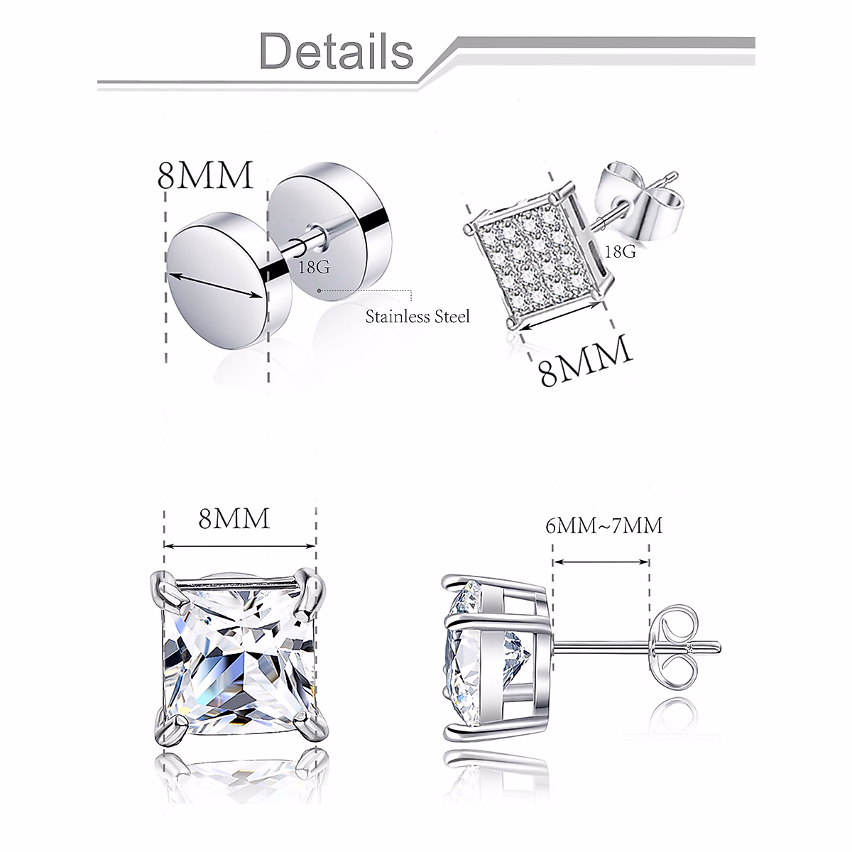 Ofeiyaa 12 Pairs Stainless Steel Stud Earrings Cubic Zirconia Cartilage Barbell Earring Set for Men Women Black Silver Tone 8mm