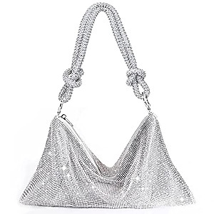 TOPALL Rhinestone Purse Sparkly Bag Silver Diamond Purses for Women Upgrade Evening Prom Rhinestone Bag Handbag Bling Hobo Bag for Party Club Banquet Wedding (Medium)