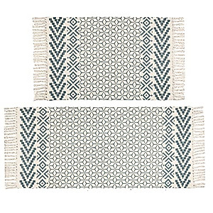 Pauwer Cotton Area Rug Set 2 Piece Washable Printed Cotton Rugs with Tassel Hand Woven Fringe Cotton Rug Runner for Kitchen, Living Room, Bedroom, Laundry Room, Entryway