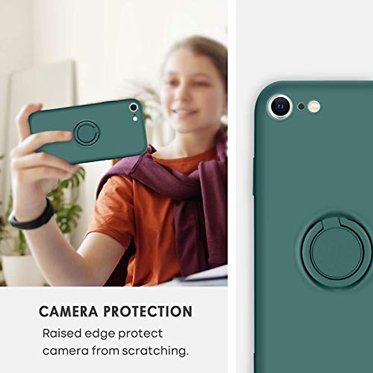 SouliGo iPhone SE 2022 Case, iPhone SE 2020 Case, iPhone 8 Case, iPhone 7 Case, Slim Silicone Soft Rubber Shockproof Protective Ring Kickstand Hybrid Hard Protection Girls Women Phone Cover,Dark Green