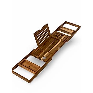 Wood Bathtub Tray, Expandable Wooden Bath Tray for Tub with Wine and Book Holder, Solid Bathroom Caddy