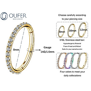 OUFER 14G Gold Belly Button Rings, 316L Surgical Steel Belly Button Hoop Jewelry, Clear CZ Paved Belly Hoop Rings, Belly Piercing Jewelry-8MM