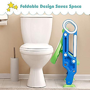 BABY JOY Kids Portable Potty Training Toilet Seat w/Step Stool Ladder, Foldable Adjustable Toddler Toilet Training Seat Chair with Non-Slip Pads and Soft Cushion Seat, for Boys Girls Toddlers (Blue)
