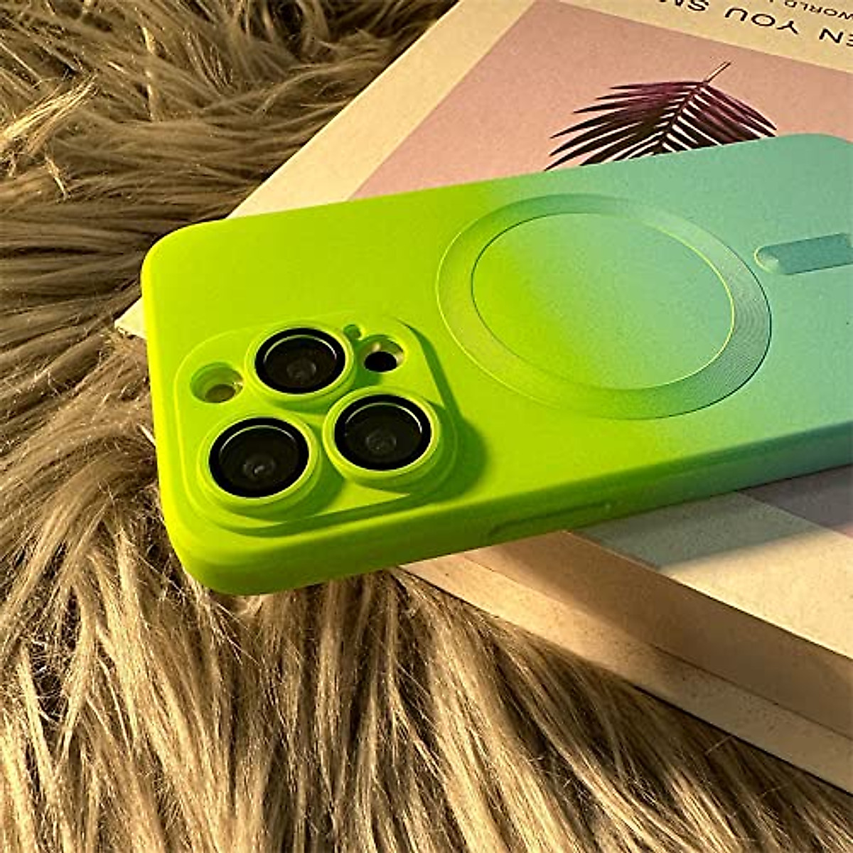 Ownest Compatible for iPhone 14 Pro Max Case with Magnetic Fitting for Magsafe Case Luxury Cute Soft Liquid Silicone Shockproof Full Camera Protector Cover Phone Case-Fluorescent Green