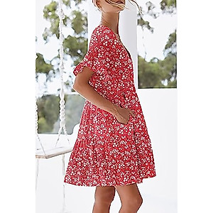 nclook Womens 2025 Summer Casual Dress Sweet Cute V Neck Mini Dress with Pocket Short Sleeve Ruffle Dress Jujube Red