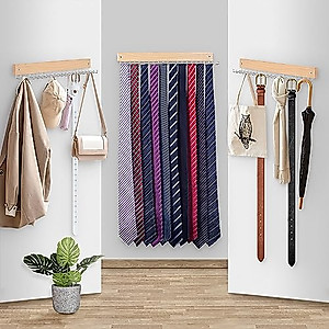 Tie Rack Wall Mounted, Natural Wood Tie Organizer Holds 20 Ties/Belt/Purse, Tie and Belt Organizer with/ 360° Rotatable Hooks,Screw Nail, Ideal for Installation on Wall、Door、Closet, 1 Pack, Natrual
