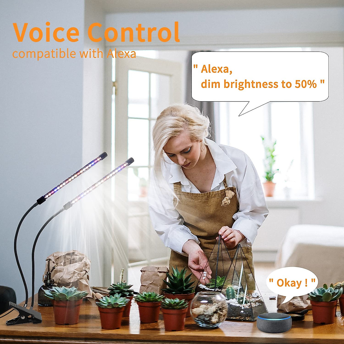 Lurious Led Grow Lights for Indoor Plants Full Spectrum, Smart WiFi Led Grow Light with Timer, Dimmable Clip on Grow Light App/Voice Control, Compatible with Alexa/Google/Siri (2 Tube)