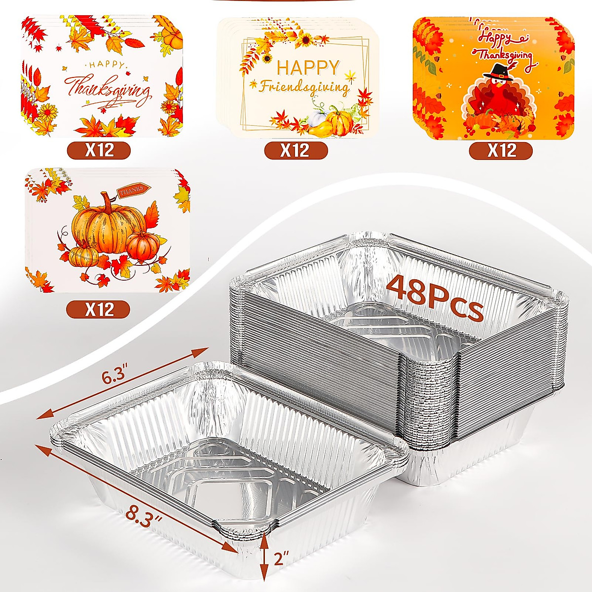 Thanksgiving Aluminum Food Containers with Lids, Thanksgiving Leftover Containers 48 PCS Disposable Turkey Tin Foil Pans Thanksgiving Party Supplies