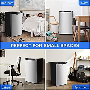 Upstreman 3.2 Cu.Ft Mini Fridge with Freezer, Single Door Mini Fridge, Adjustable Thermostat, Mini Refrigerator for Dorm, Office, Bedroom, Stainless Steel-SR321