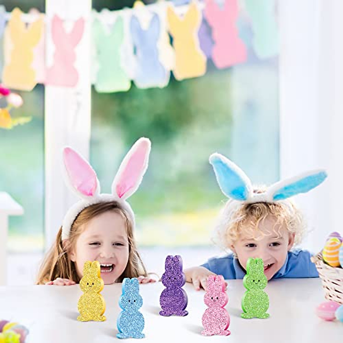 5 Pieces Easter Peep Tiered Tray Decor Spring Bunny Decor Easter Table Sign Colored Peeps Farmhouse Decor Wooden Bunny Decor for Spring Easter Birthday Home Office Farmhouse Party Decorations