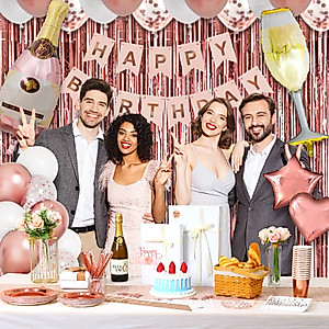 RUBFAC 248pcs Rose Gold Birthday Party Decorations Kit for Women Girls, Happy Birthday Banners, Balloons, Tablecloth, Table Runner, Sash, Tiara, Plates, Cups, Napkins Straws Party Supplies