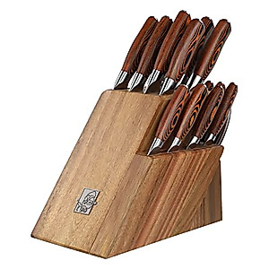 TUO 17 PCS Kitchen Knife Set for Kitchen with Block, German X50CrMov15 Steel Blade Knife Block Set, Full Tang Pakkawood Handle