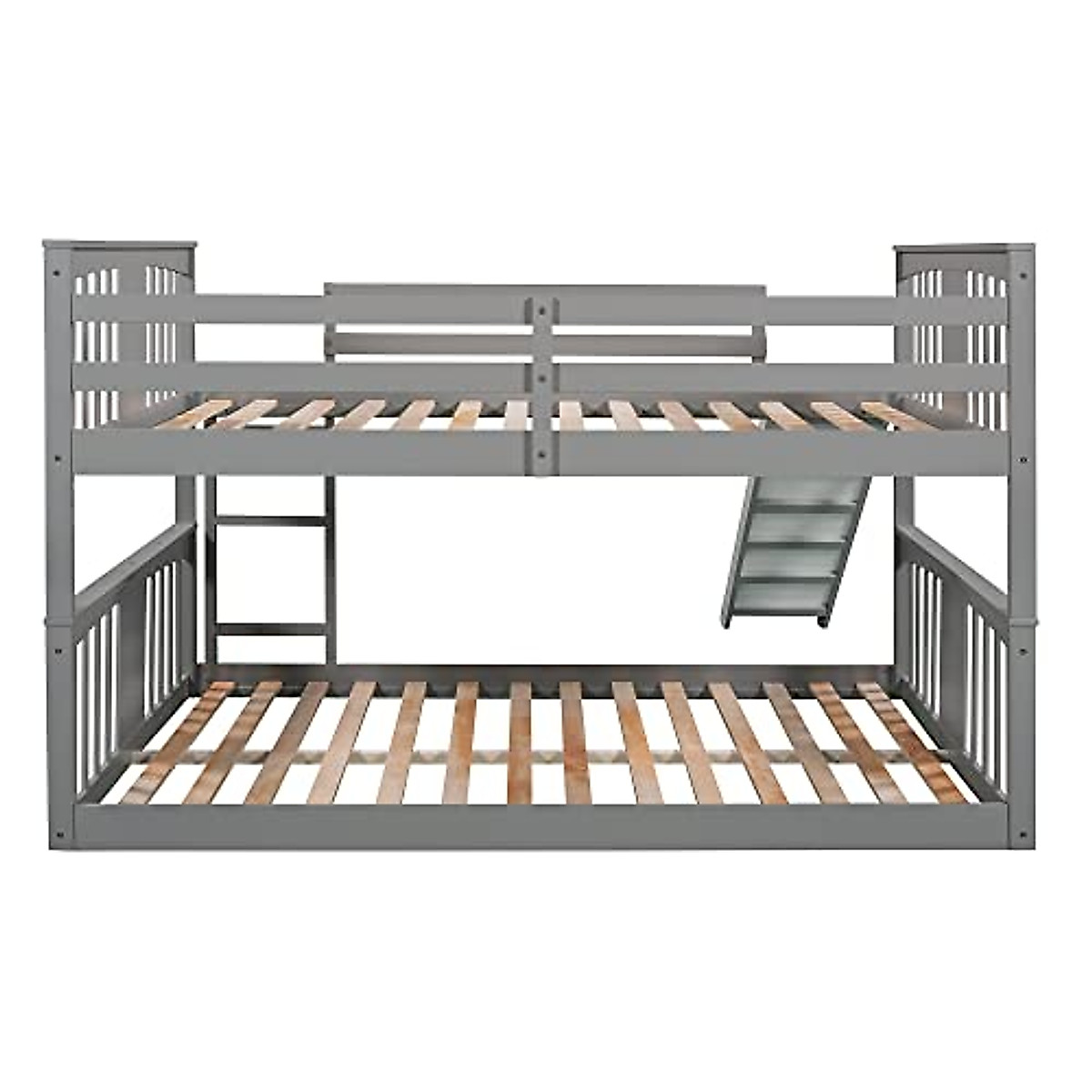 ERDAYE Full Over Full Bunk Bed with Slide and Ladder, Wood Bunkbed w/Safety Guardrails, Solid Slat Support Bedframe for Kids Teens, No Box Spring Needed, Grey