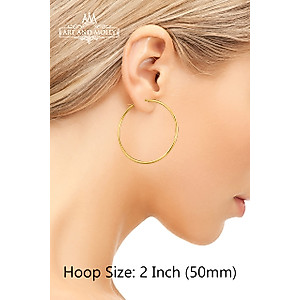 14k Gold Round Polished Hoop Earrings, (50mm) 2" Diameter (Yellow Gold)