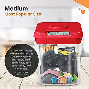 Cell Phone Lock Box with Timer - Phone Jail Timed Lock Box - KSafe Time Lock Box for Snacks, Food & Cell Phones - Phone Safe Box with Timer & Snack Lock Box (Medium, Blue Lid + 5.5” Clear Base with Access Port)