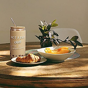 Birthday Gifts for Women - Not A Day Over Fabulous - Funny Gift for Best Friend Sister Wife Coworker Girlfriend Teacher Female - Mothers Day Gift for Mom - Glass Coffee Cups with Lids and Straws 16 Oz