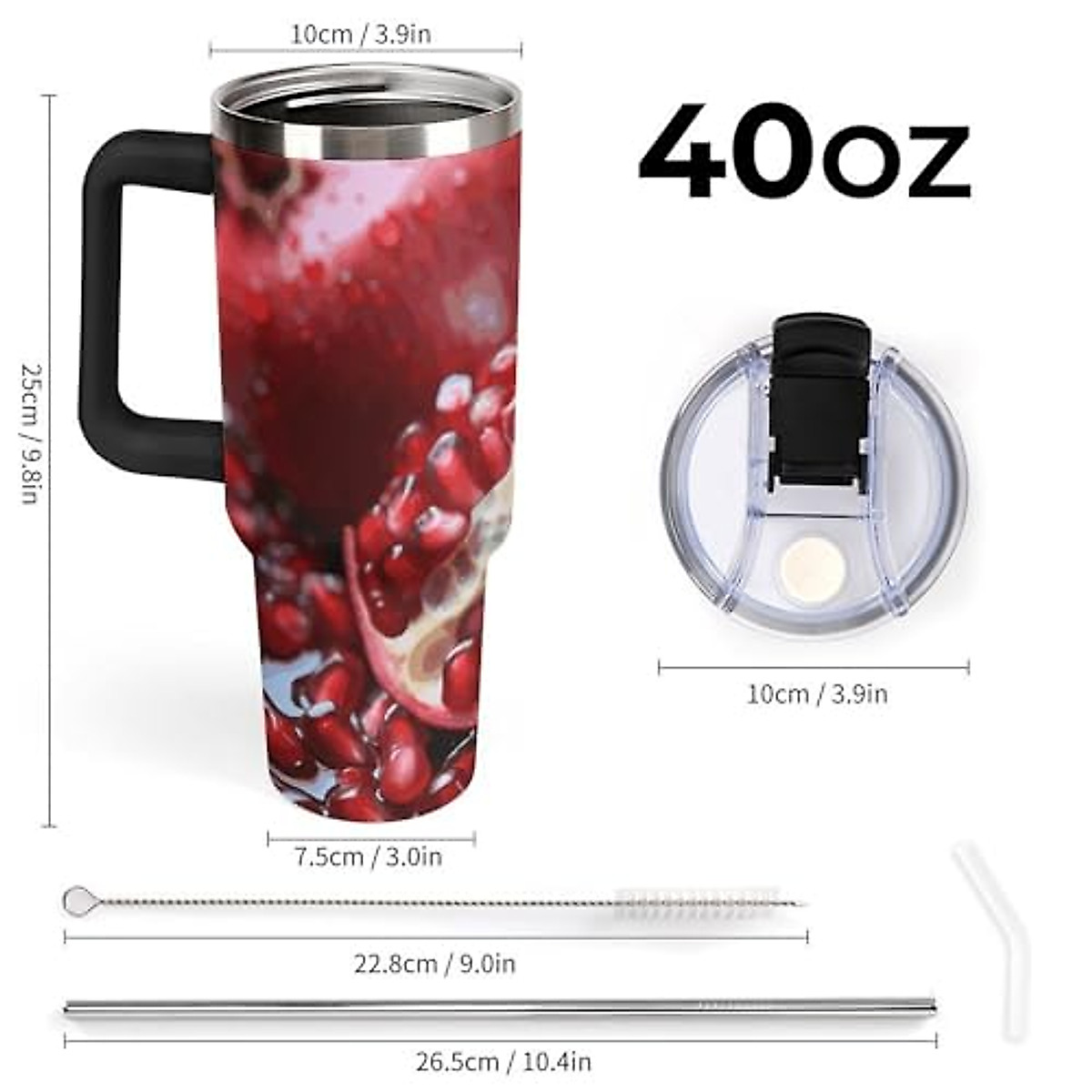 Pomegranate Fruit 40 Oz Water Bottle, Stainless Steel Tumbler with Handle And Straw, Extra Large Insulated Tumbler, Flip Straw Tumblers for Sports, Work, Car, Travel And Weekends