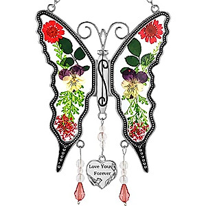 KY&BOSAM Suncatchers Love You Forever Butterfly Mom Gifts, Gift for Mom from Daughter Son, Suncatcher Gifts for Women Ornament for Windows Wind Chime with Pressed Flower Butterfly Embedded in Glass
