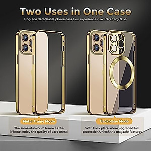 Metal Magnetic Clear Case for iPhone 13 Pro Max [CD Pattern for Magsafe Ring & Safety Lock] [Metal Frame Bumper] [Integrated Camera Lens Protector] Shock-Absorb Case, Clear Back Cover - Luxury Gold