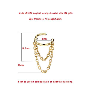 FANSING 16g Gold Plated Surgical Steel Cartilage Earrings Hoop 8mm Helix Piercing Jewelry with Double Chains 5/16" Cartilage Hoop 16 Gauge