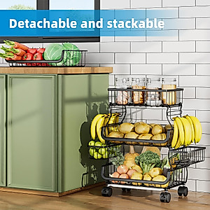 Simple Trending 4 Tier Rolling Cart, Stackable Fruit Vegetable Basket with Wheels and 2 Hanging Basket, Kitchen Storage Metal Wire Basket Stand for Vegetable Bread Snacks, Black